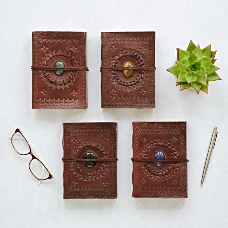 Medium Embossed Leather Journal with Semi-Precious Stone at Paper High