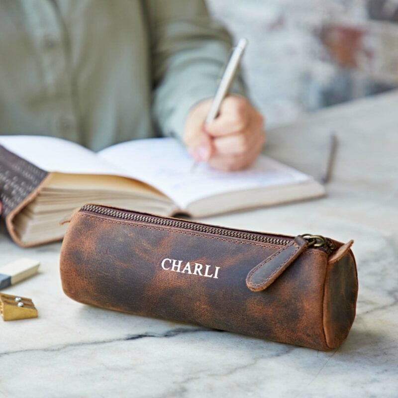 Personalised Buffalo Leather Round Pencil Case | Paper High