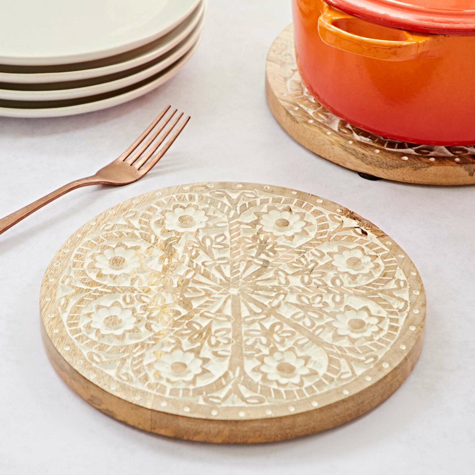 Round Floral Carved Mango Wood Trivet | Paper High